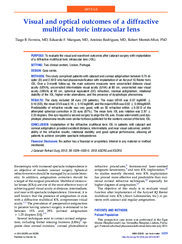 (PDF) Visual and optical outcomes of a diffractive multifocal toric ...
