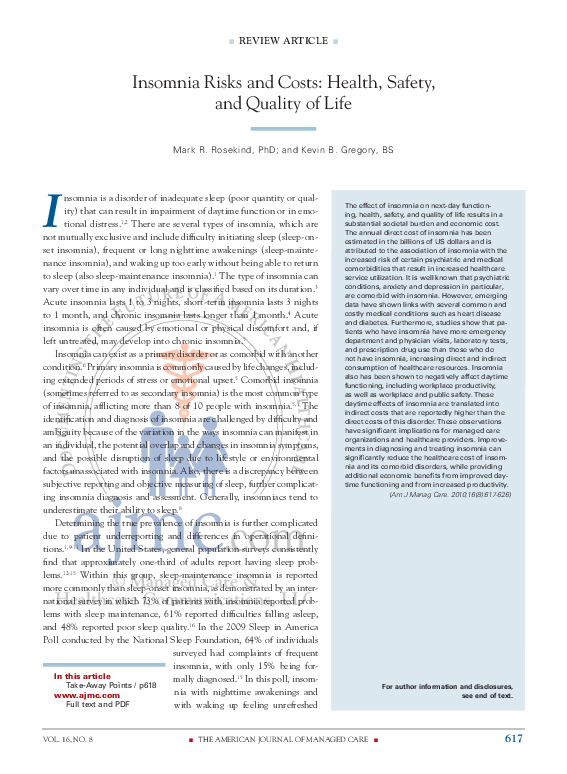 (PDF) Insomnia risks and costs: health, safety, and quality of life