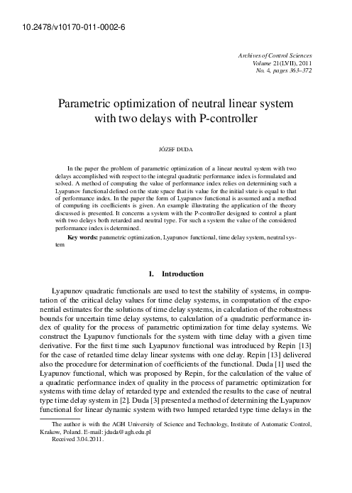 Pdf Parametric Optimization Of Neutral Linear System With Two Delays With P Controller