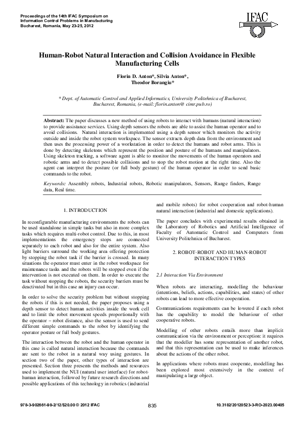 Pdf Human Robot Natural Interaction And Collision Avoidance In Flexible Manufacturing Cells