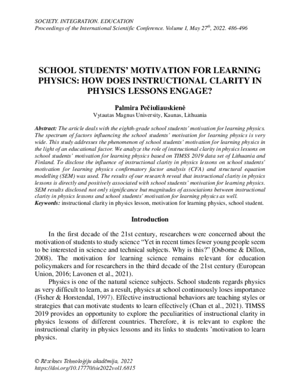 (PDF) School Students’ Motivation for Learning Physics: How Does ...