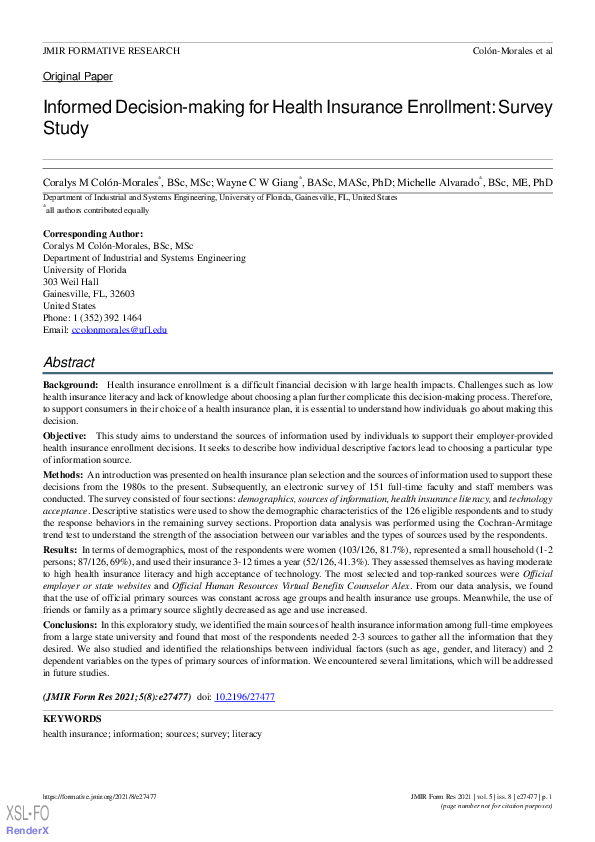 (PDF) Informed Decision-making for Health Insurance Enrollment: Survey ...