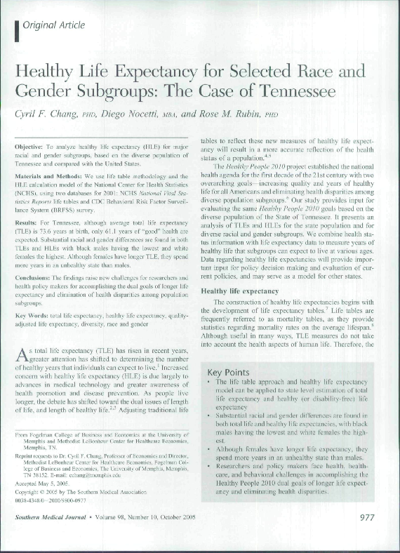 (PDF) Healthy Life Expectancy for Selected Race and Gender Subgroups ...