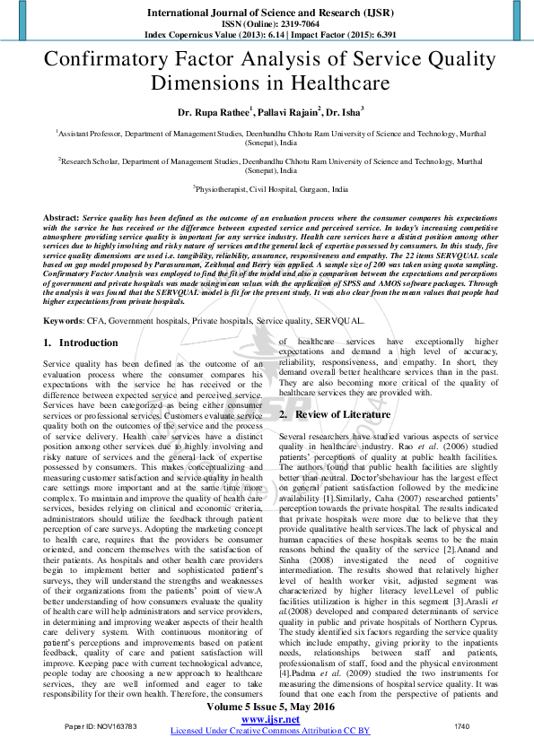 (PDF) Confirmatory Factor Analysis of Service Quality Dimensions in Healthcare