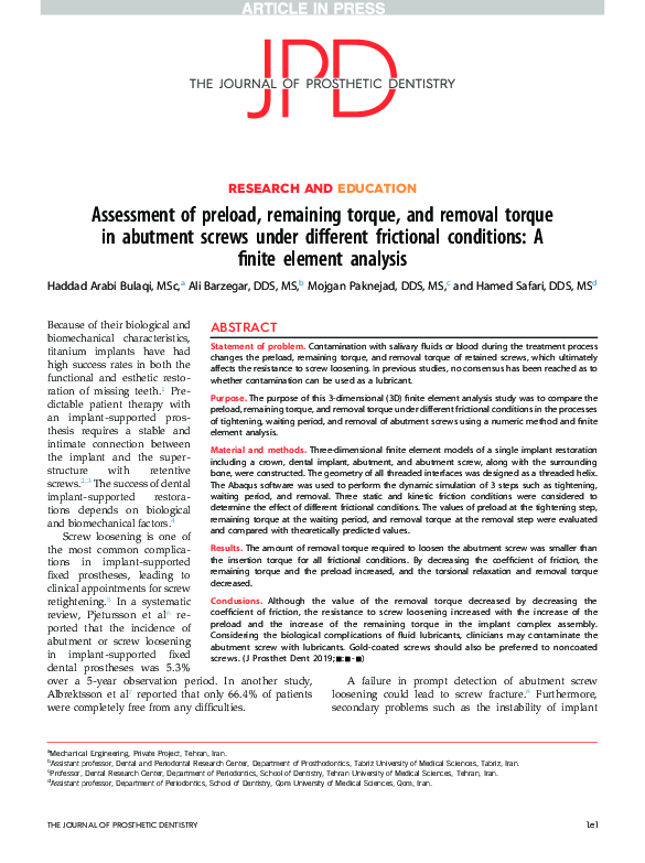 (PDF) Assessment of preload, remaining torque, and removal torque in ...