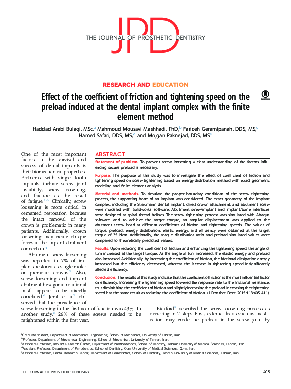 Pdf The Effect Of The Coefficient Of Friction And Tightening Speed On
