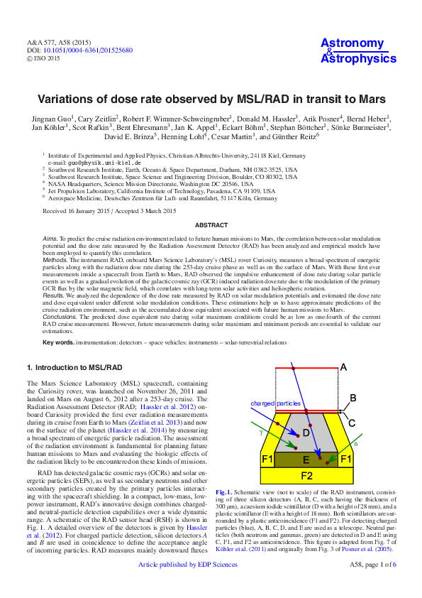 (PDF) Variations of dose rate observed by MSL/RAD in transit to Mars ...