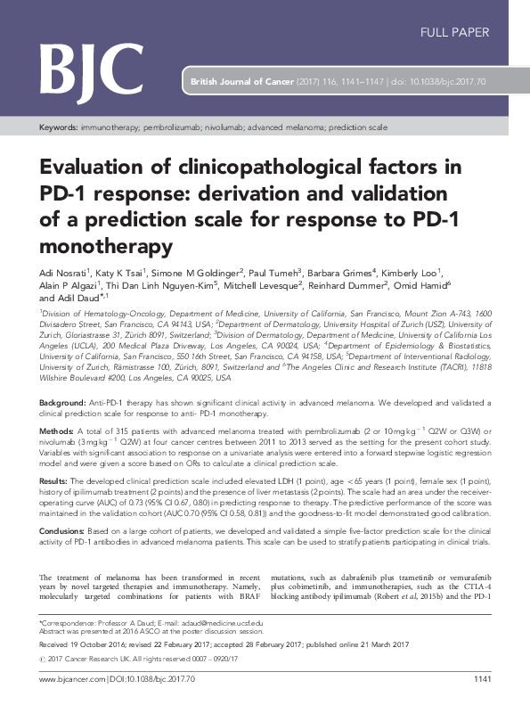 (PDF) Evaluation of clinicopathological factors in PD-1 response: derivation and validation of a ...