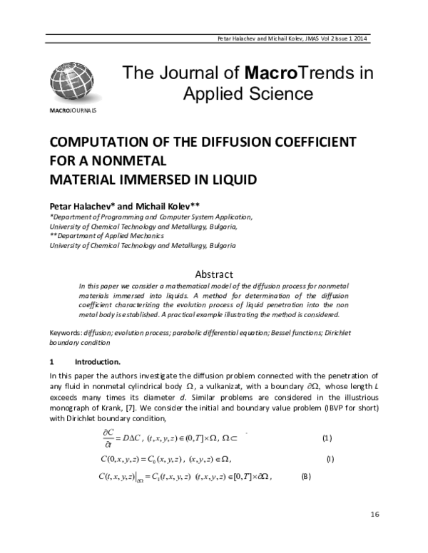 (PDF) Computation of the Diffusion Coefficient for a Nonmetal Material Immersed in Liquid