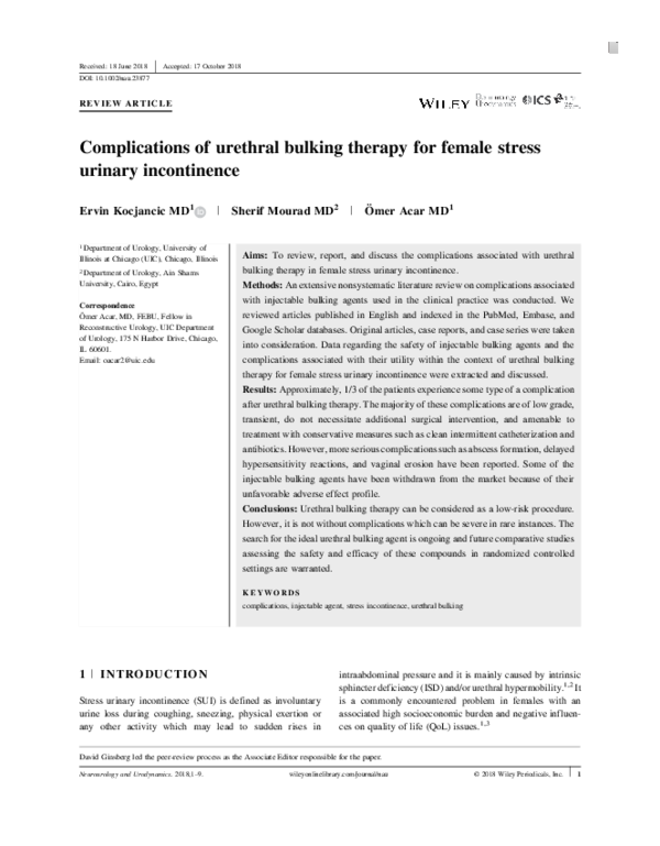 (PDF) Complications of urethral bulking therapy for female stress ...