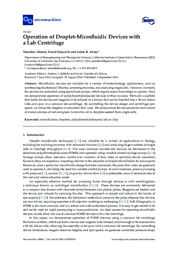 (PDF) Operation of Droplet-Microfluidic Devices with a Lab Centrifuge