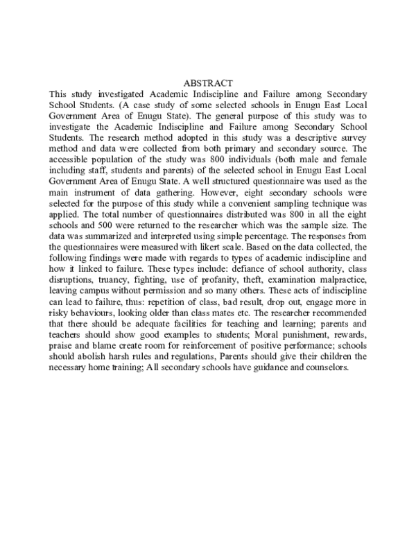 (DOC) ACADEMIC INDISCIPLINE AND FAILURE AMONG SECONDARY SCHOOL STUDENTS ...