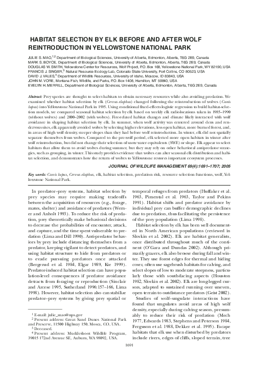 (PDF) Habitat Selection by Elk Before and After Wolf Reintroduction in ...