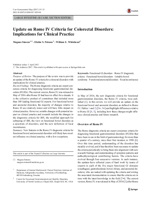 (PDF) Update on Rome IV Criteria for Colorectal Disorders: Implications for Clinical Practice