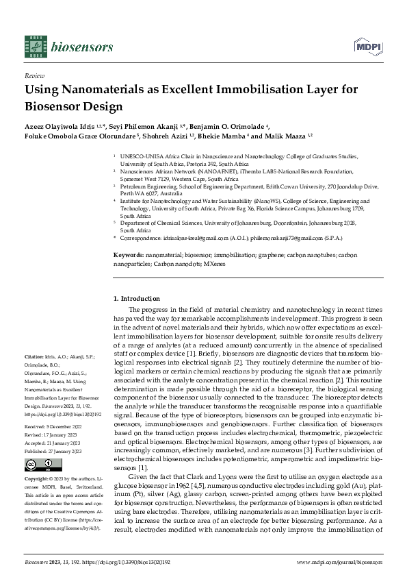 (PDF) Using Nanomaterials as Excellent Immobilisation Layer for ...