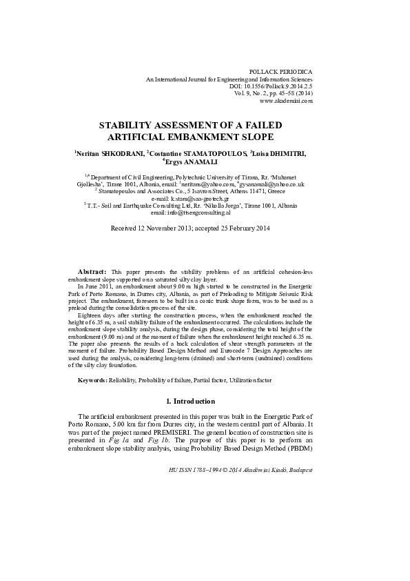 (PDF) STABILITY ASSESSMENT OF A FAILED ARTIFICIAL EMBANKMENT SLOPE 1