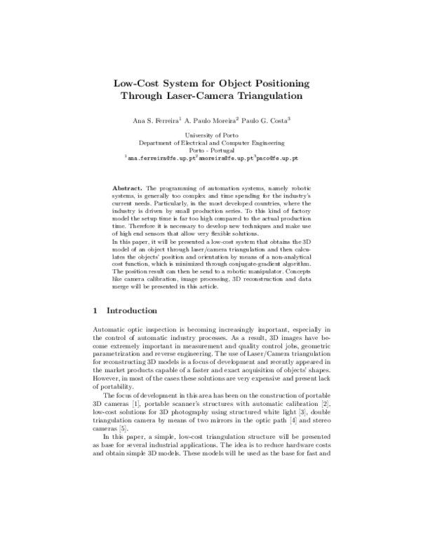 (PDF) Low-Cost System for Object Positioning Through Laser-Camera Triangulation