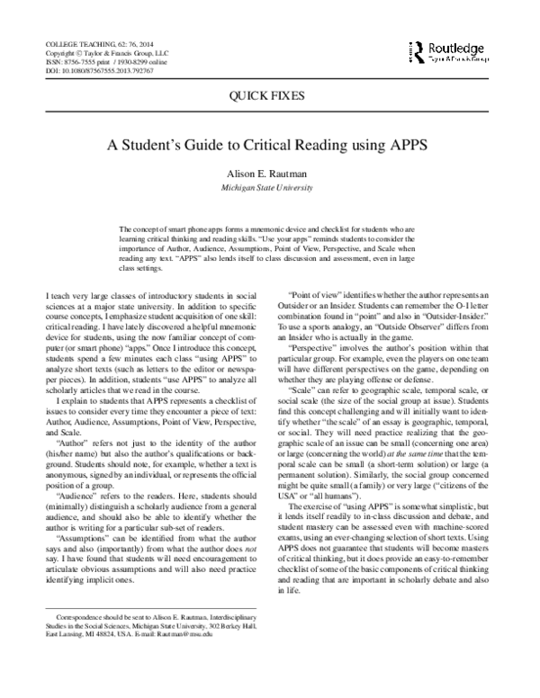 (PDF) A Student's Guide to Critical Reading using APPS