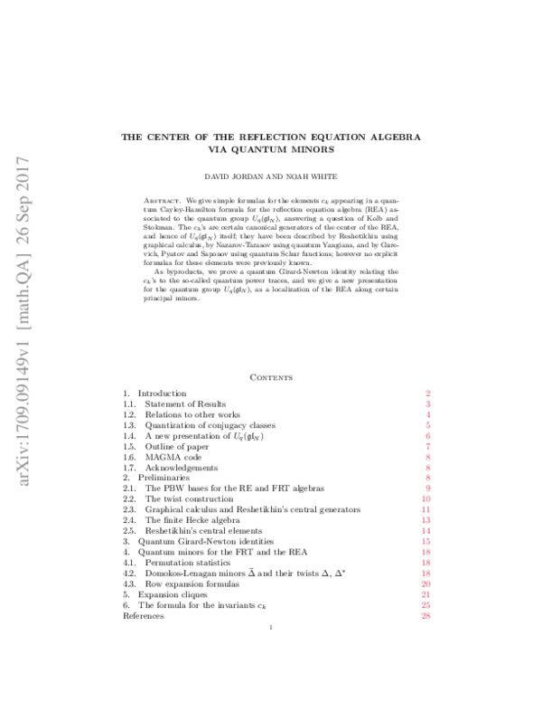 (PDF) The center of the reflection equation algebra via quantum minors ...