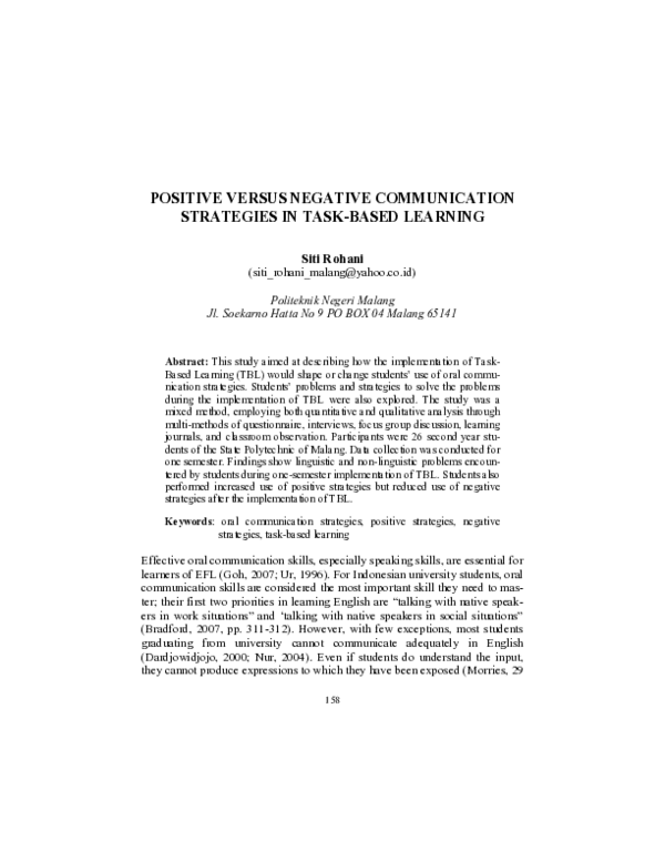 (PDF) Positive Versus Negative Communication Strategies in Task-Based Learning
