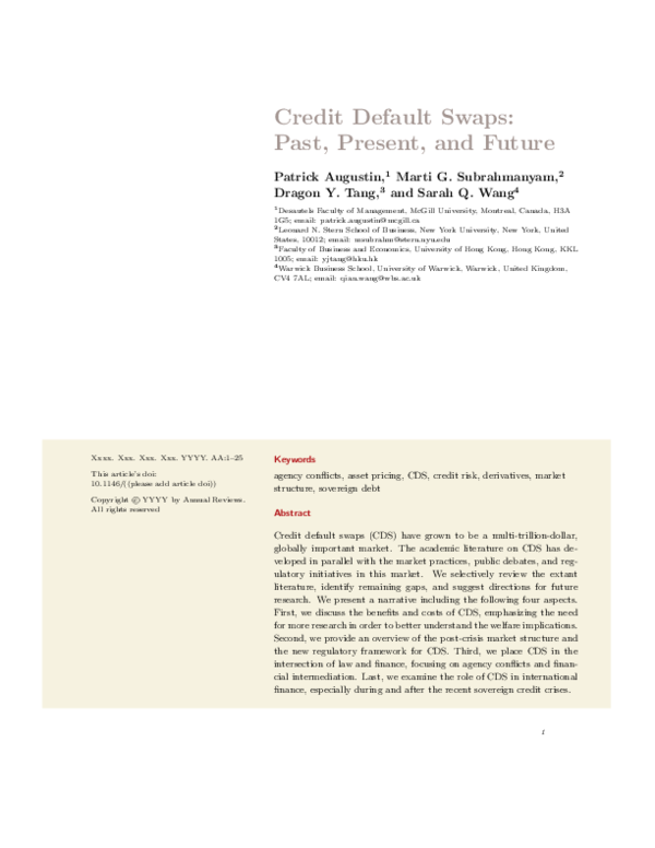 (PDF) Credit Default Swaps: Past, Present, and Future
