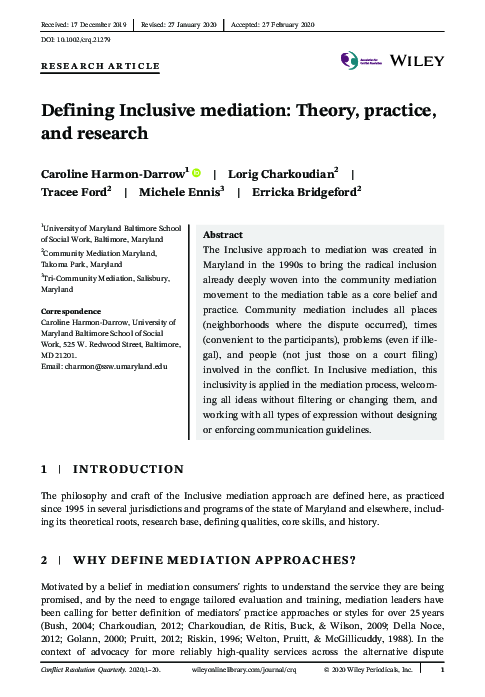 (PDF) Defining Inclusive mediation: Theory, practice, and research