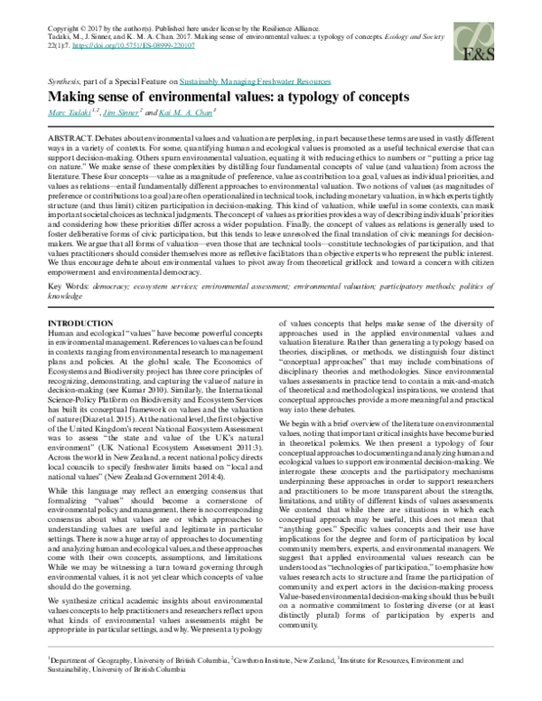 (PDF) Making sense of environmental values: a typology of concepts