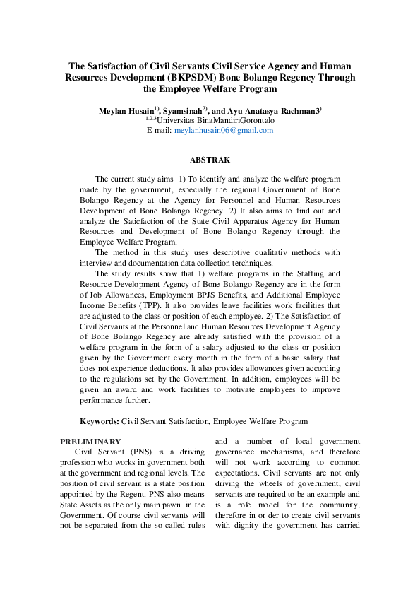 (PDF) Civil Servants' Satisfaction with Welfare Programs in Bone Bolango
