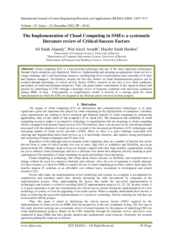Pdf The Implementation Of Cloud Computing In Smes A Systematic Literature Review Of Critical