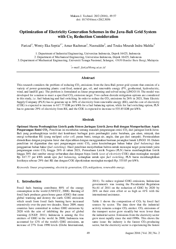 (PDF) Optimization of Electricity Generation Schemes in the Java-Bali ...