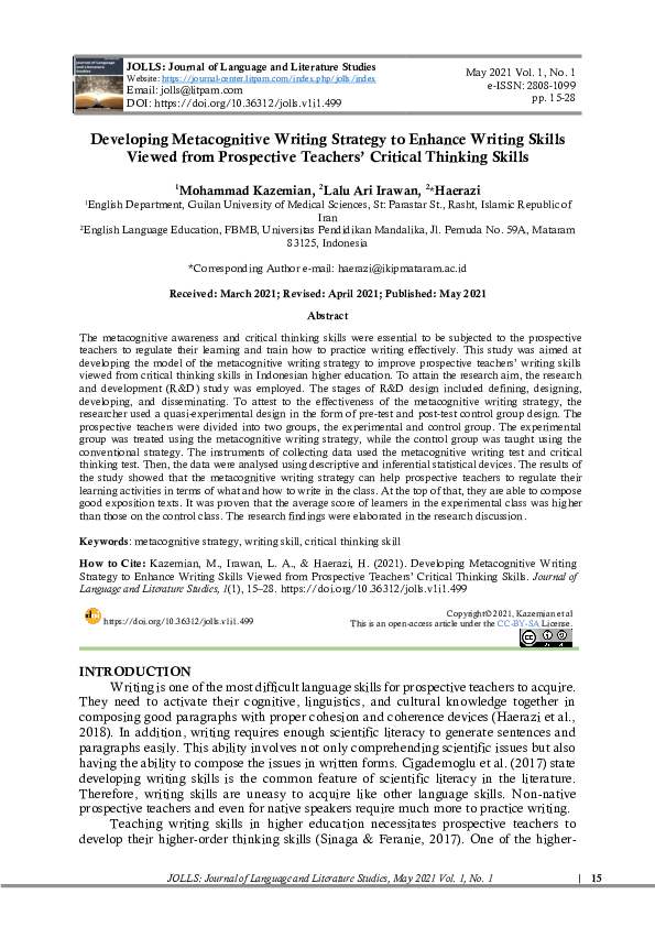 (PDF) Developing Metacognitive Writing Strategy to Enhance Writing Skills Viewed from ...