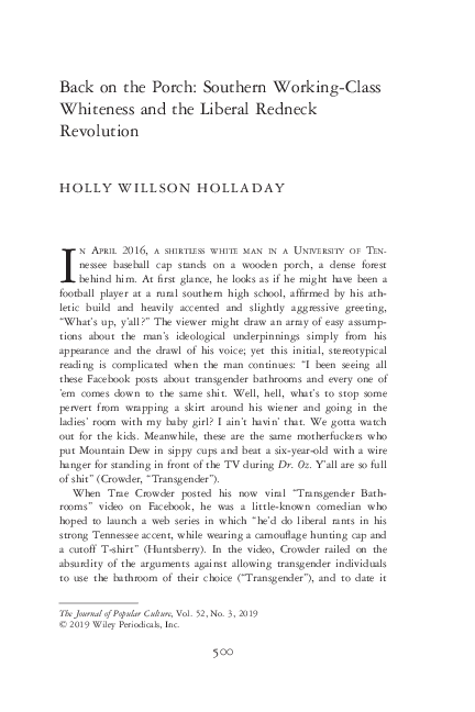 (PDF) Back on the Porch: Southern Working-Class Whiteness and the ...