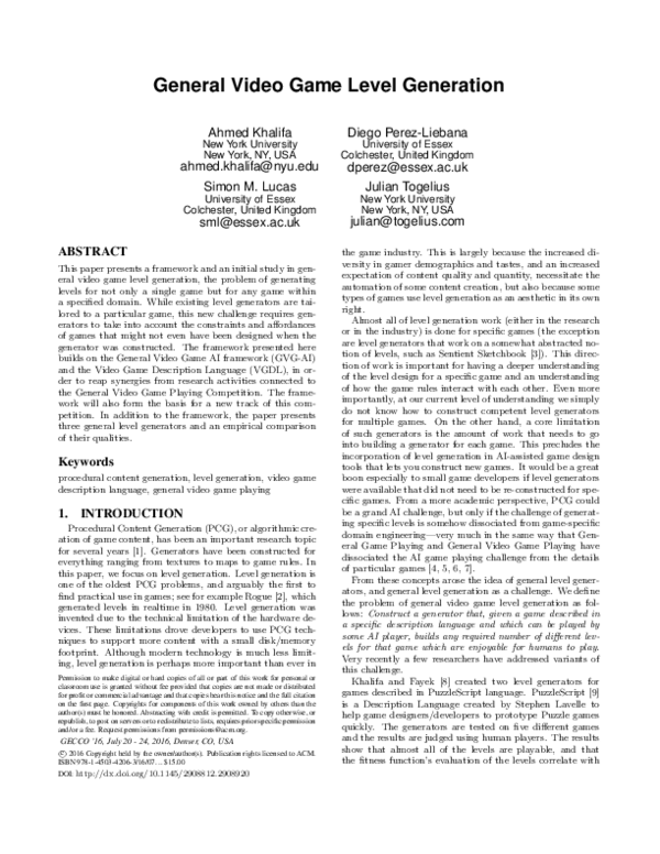 (PDF) General Video Game Level Generation