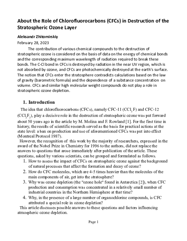 (PDF) About the Role of Chlorofluorocarbons (CFCs) in Destruction of ...