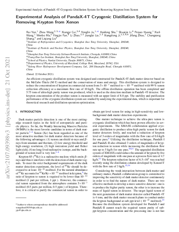 (PDF) PandaX-4T cryogenic distillation system for removing krypton from ...