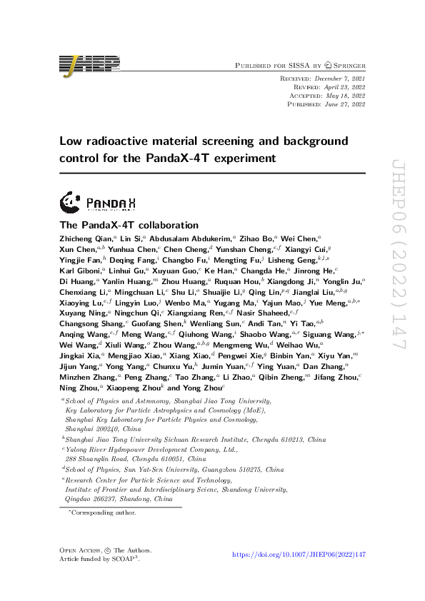 (PDF) Low radioactive material screening and background control for the PandaX-4T experiment