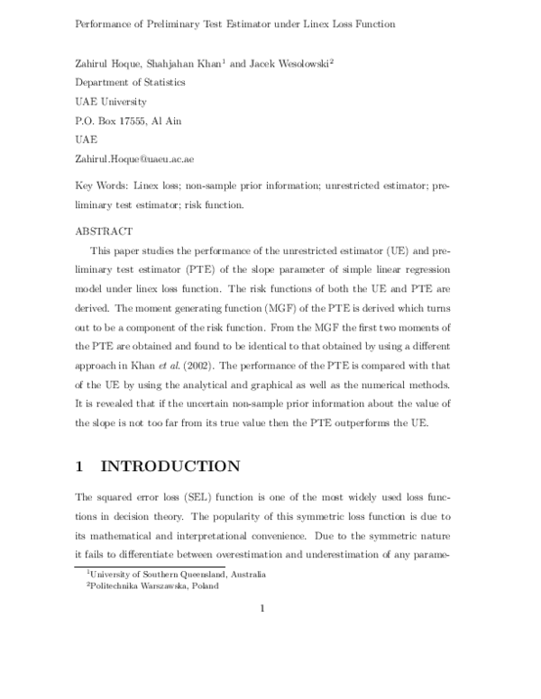 Pdf Performance Of Preliminary Test Estimator Under Linex Loss