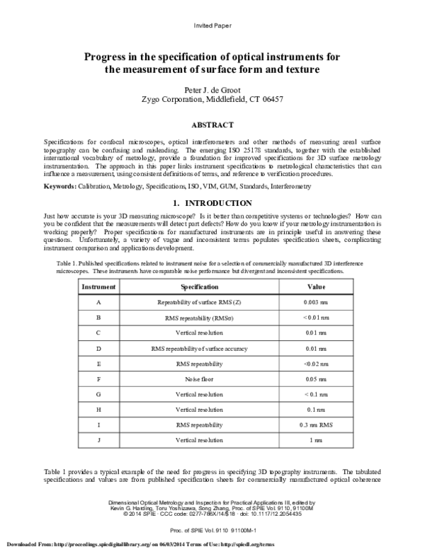 (PDF) Progress in the specification of optical instruments for the ...