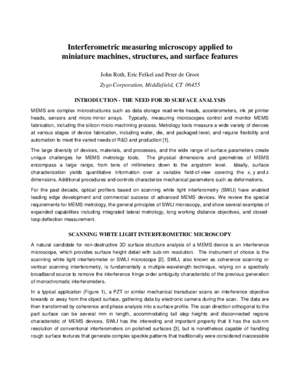 (PDF) Interferometric measuring microscopy applied to miniature machines, structures, and ...