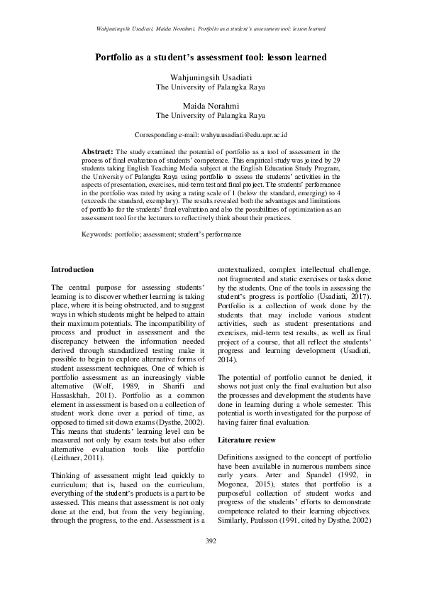 (PDF) Portfolio as a student’s assessment tool: lesson learned