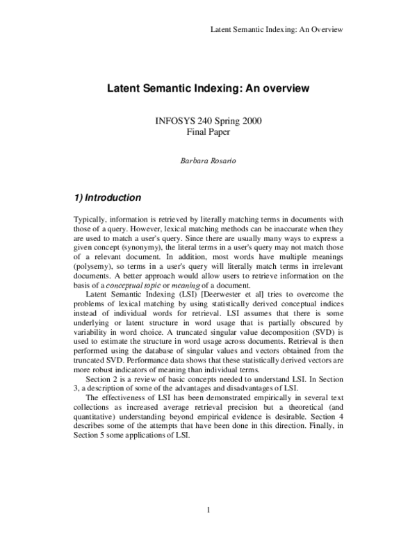 Pdf Latent Semantic Indexing An Overview 1 Latent Semantic Indexing