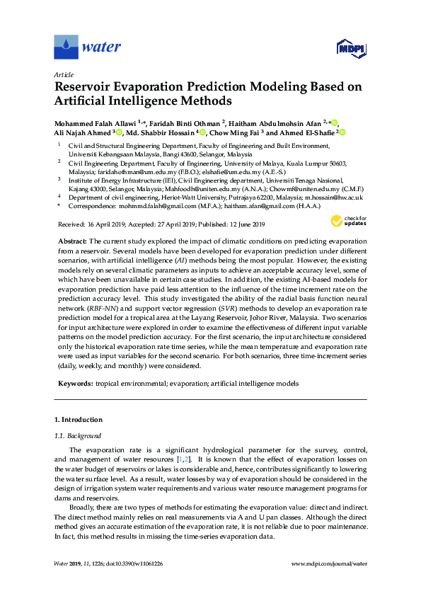 (PDF) Reservoir Evaporation Prediction Modeling Based on Artificial Intelligence Methods