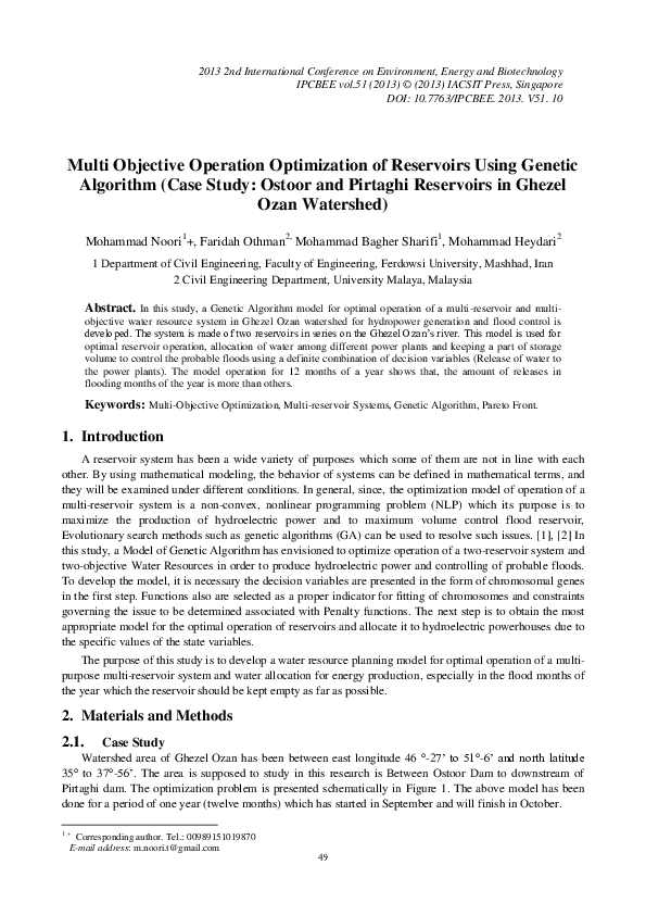 (PDF) Multi Objective Operation Optimization of Reservoirs Using Genetic Algorithm (Case Study ...