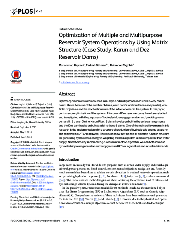Pdf Optimization Of Multiple And Multipurpose Reservoir System Operations By Using Matrix