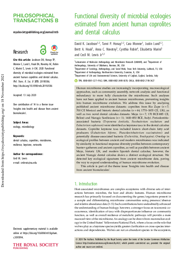 (PDF) Functional diversity of microbial ecologies estimated from ...