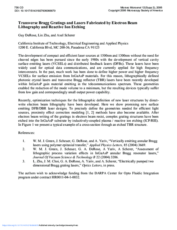 (PDF) Transverse Bragg Gratings and Lasers Fabricated by Electron Beam Lithography and Reactive ...