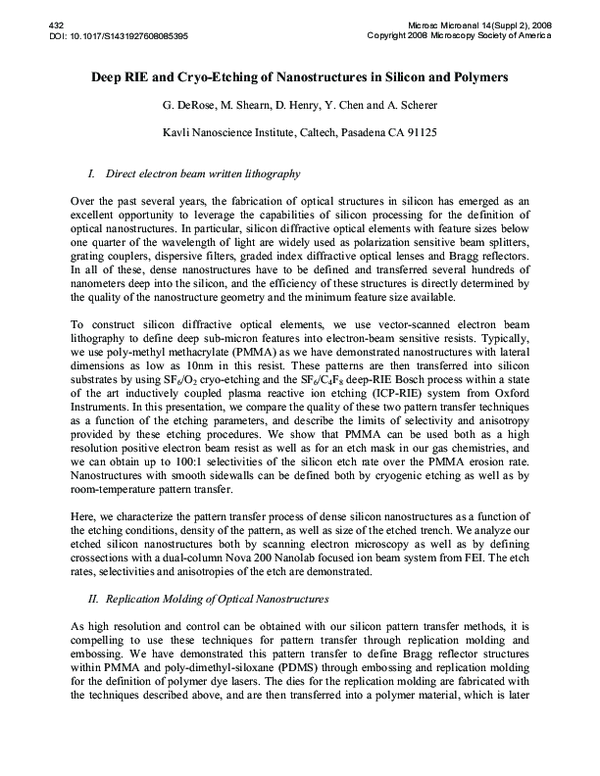 (PDF) Deep RIE and Cryo-Etching of Nanostructures in Silicon and Polymers