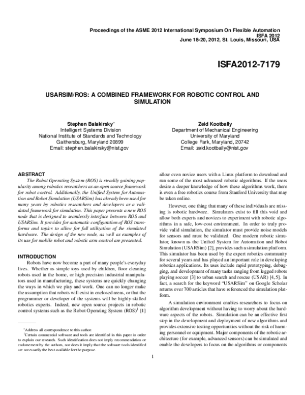 Pdf Usarsimros A Combined Framework For Robotic Control And Simulation