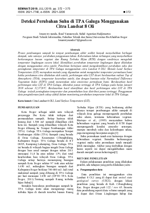 (PDF) Deteksi Perubahan Suhu di TPA Galuga Menggunakan Citra Landsat 8 Oli