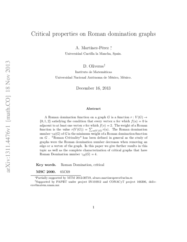 (PDF) Critical properties on Roman domination graphs